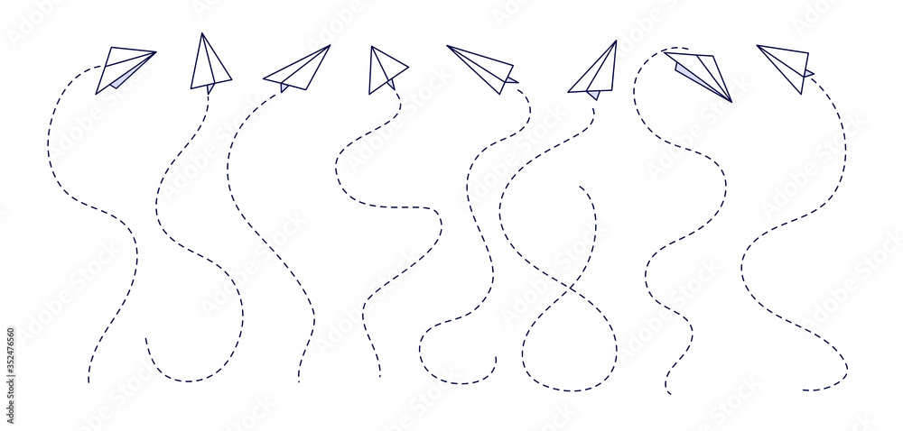 Paper airplane. Graphic flight paths, plane trails. Isolated doodle ...