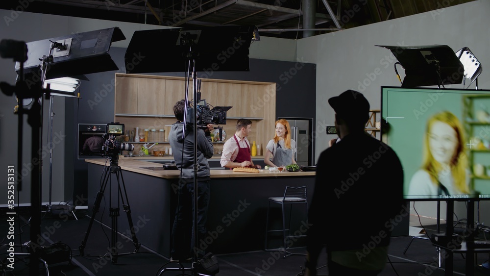 WIDE Behind the scenes of studio set, shooting TV television cooking ...