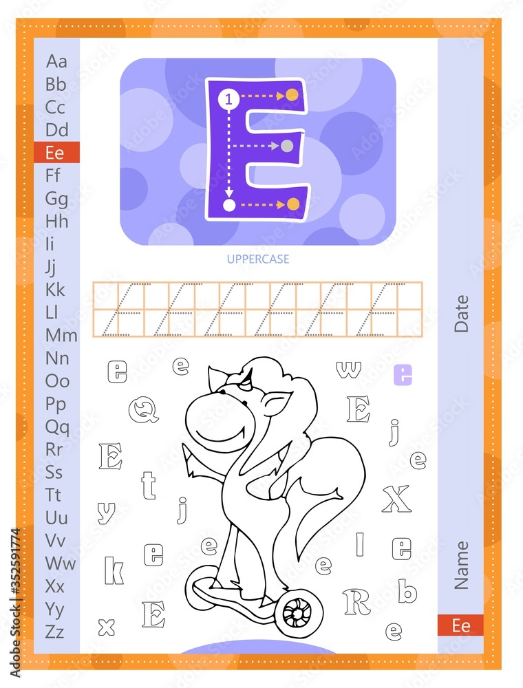 Letter E and funny cartoon hand drawn unicorn. Alphabet a-z. Coloring ...