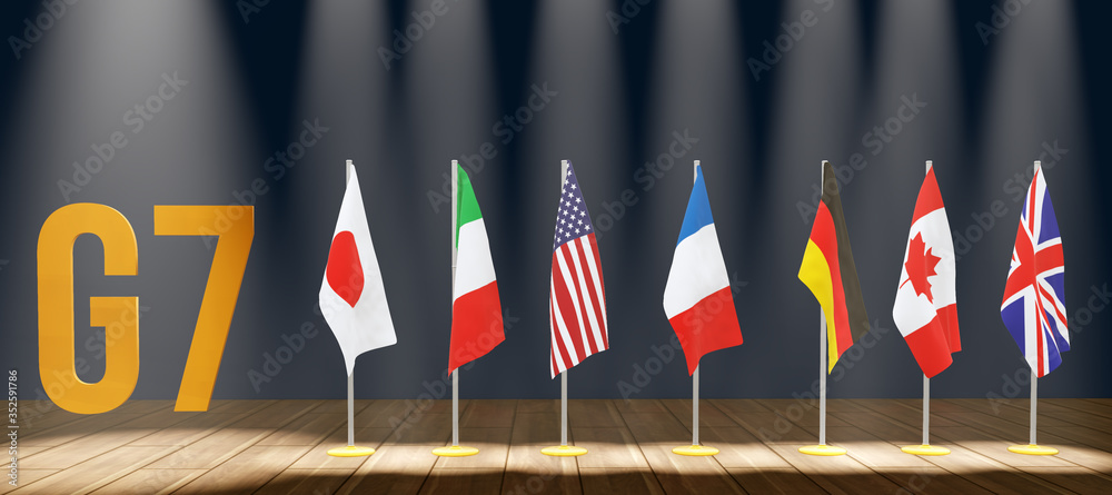 G7 summit or meeting concept. Row from flags of members of G7 group of ...