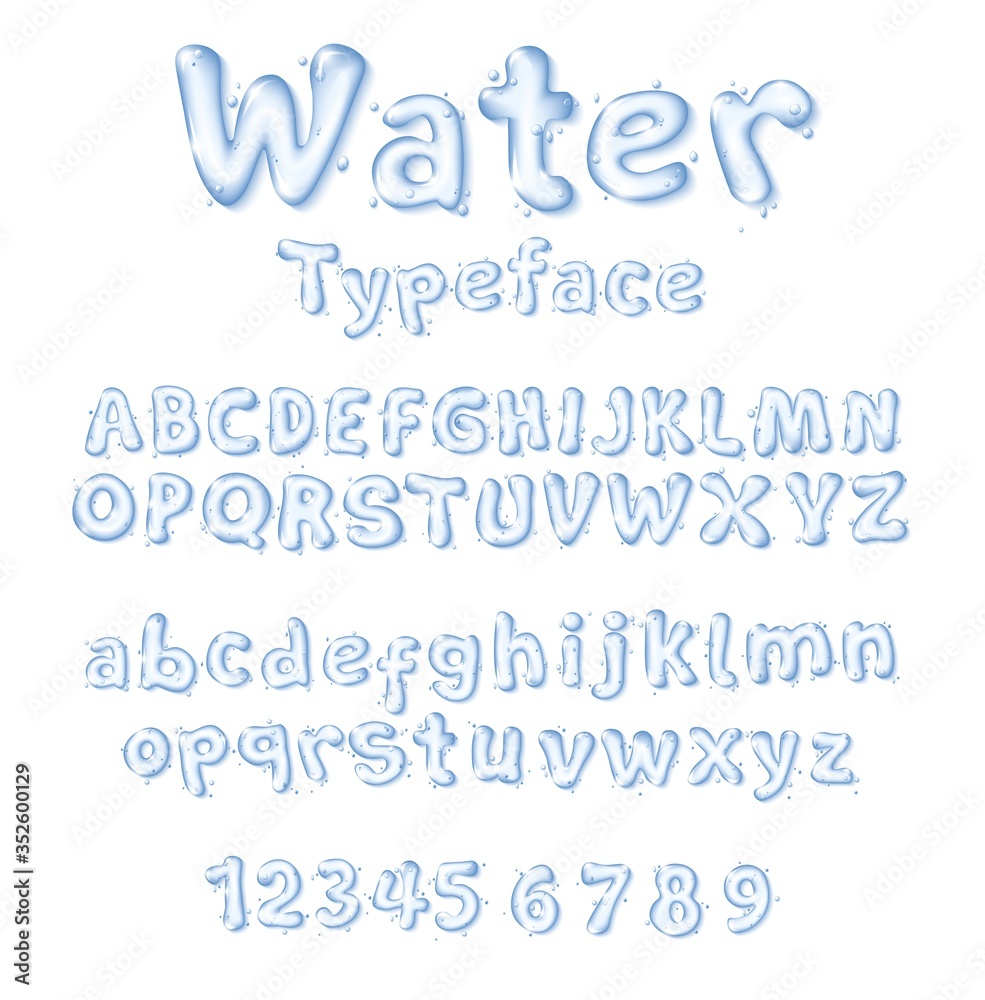 Water font or type liquid vector drop letters and digits. Isolated ...