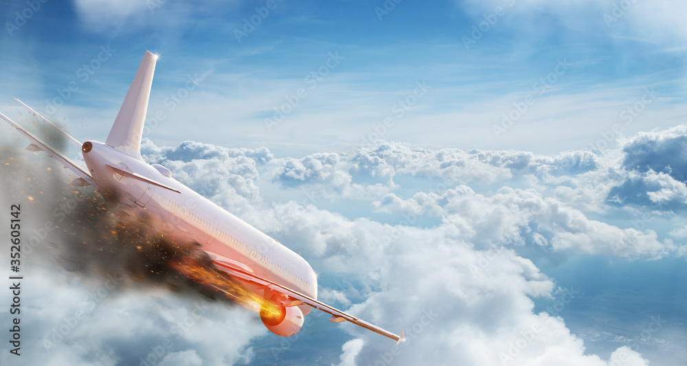 flying aircraft with exploding aero engine just before air crash Stock ...