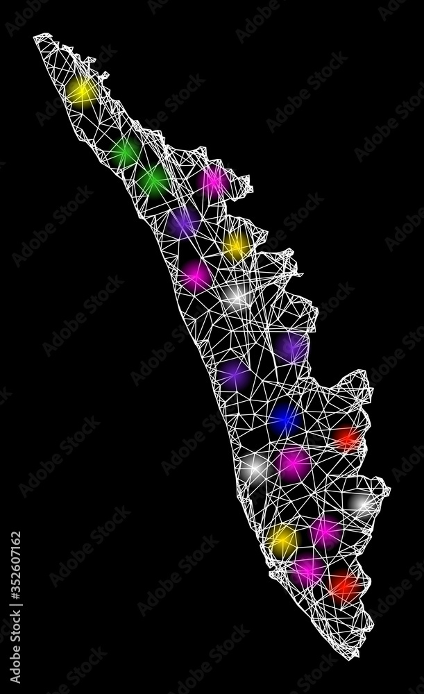 Web mesh vector map of Kerala State with glow effect on a black ...