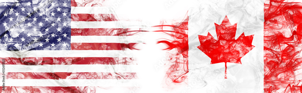 American flag and Canadian flag in smoke shape on white background ...