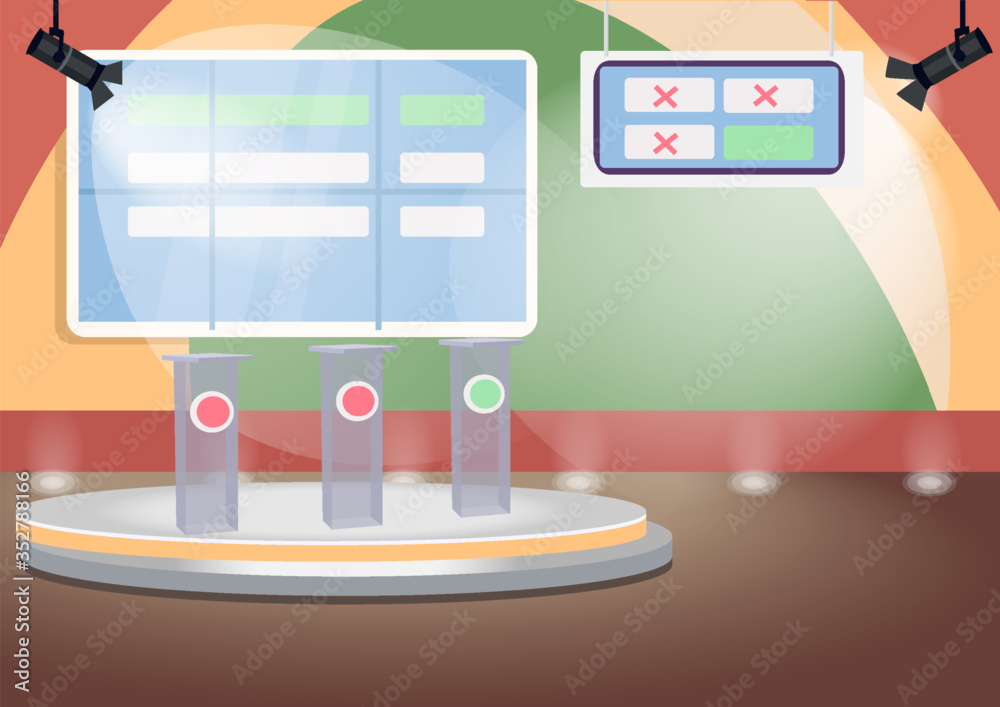 Empty quiz show stage flat color vector illustration. Trivia contest ...