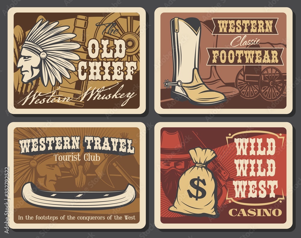 Wild west and western retro posters. Vector grunge cards with cowboy ...
