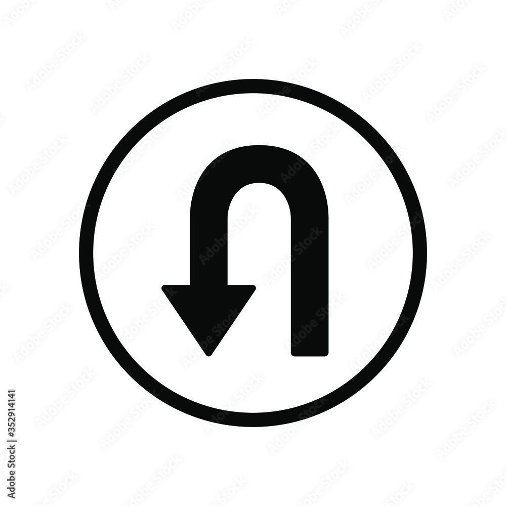 Black round go back return arrow icon, simple vector u turn shape ...