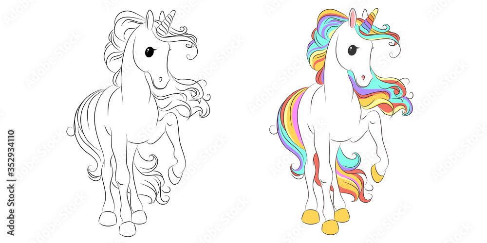 Cute unicorn line and color. Vector illustration for coloring book ...