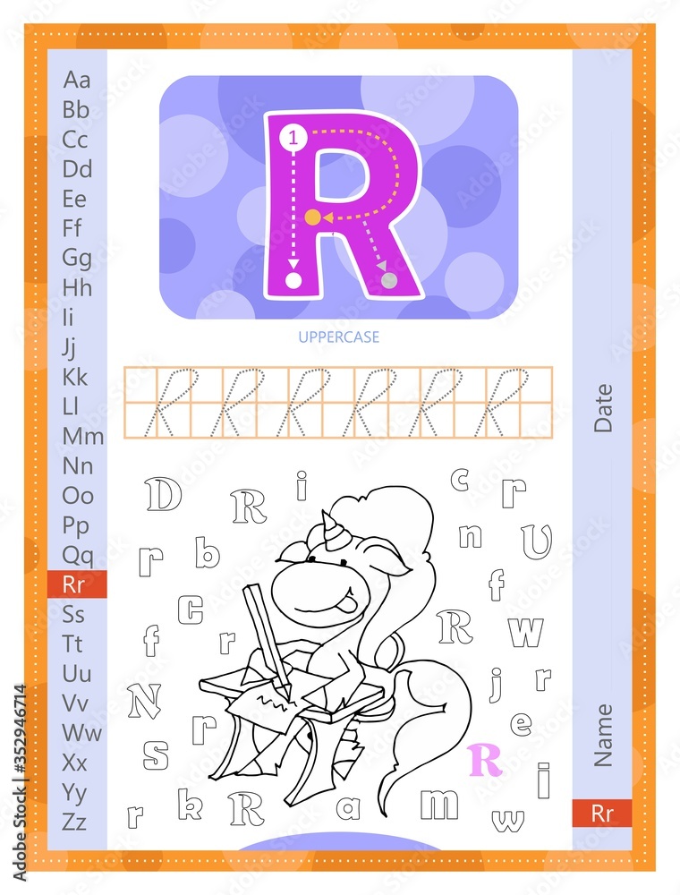Letter R and funny cartoon hand drawn unicorn. Alphabet a-z. Coloring ...