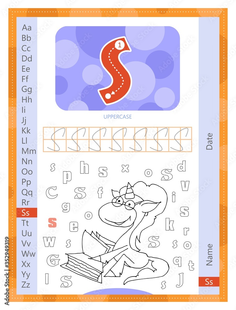 Letter S and funny cartoon hand drawn unicorn. Alphabet a-z. Coloring ...