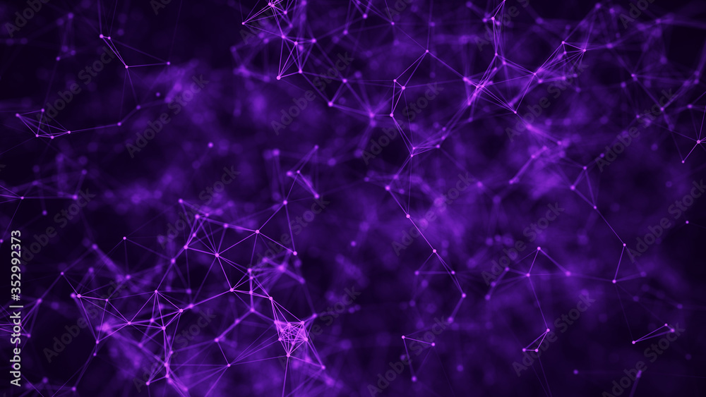 Network connection structure. Low poly shape with connecting purple dots and lines on dark ...