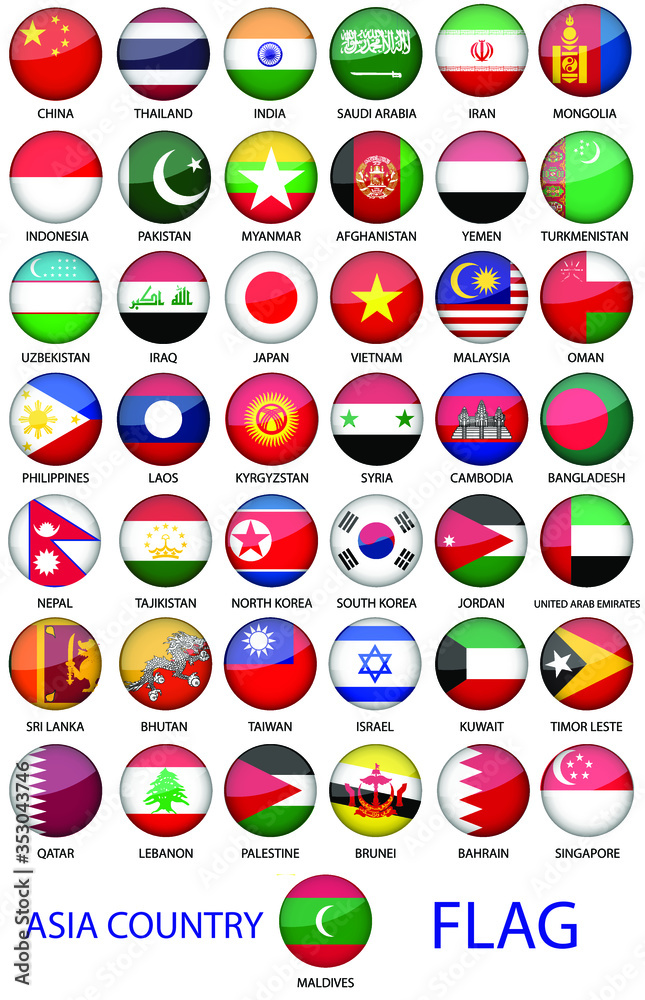 set of round emblem symbol all of Asia country detailed flag with glow ...