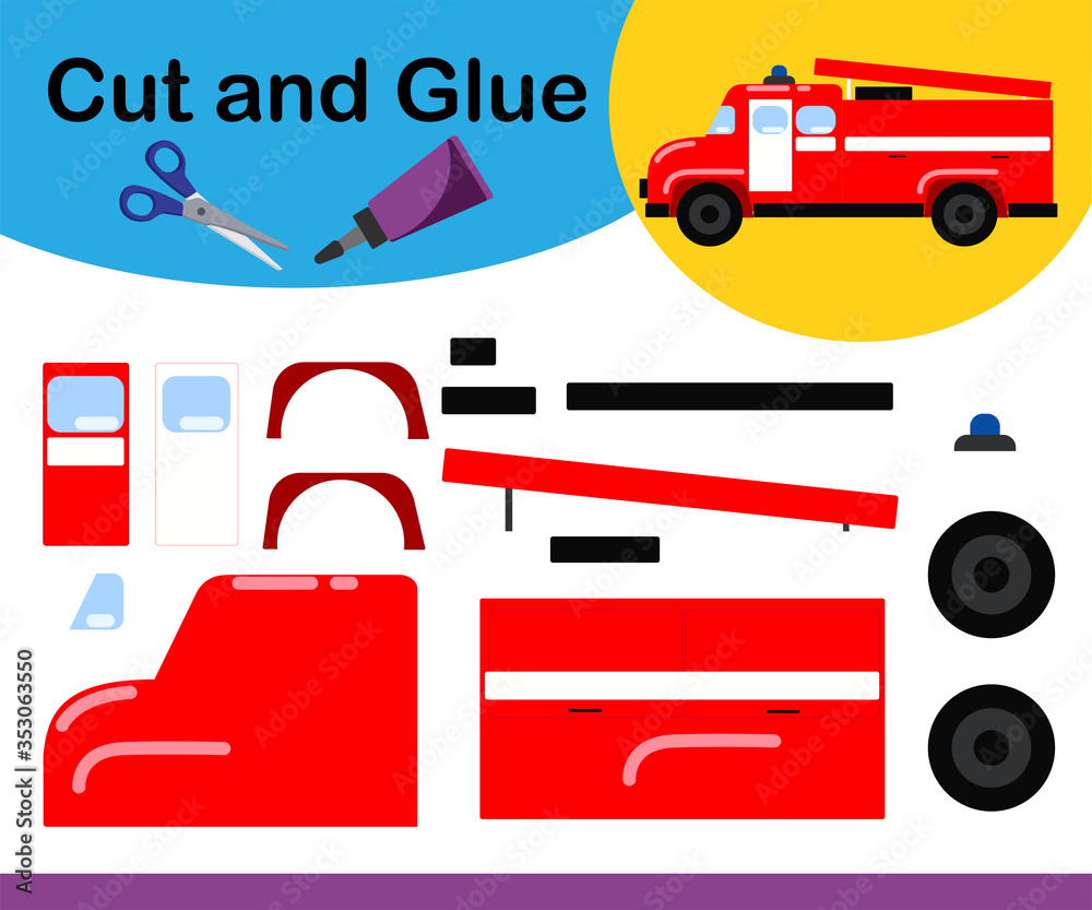 application for children. cut and glue. fire engine. preschool ...