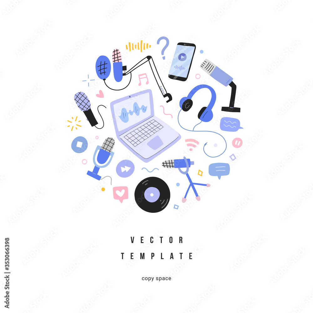 Podcasting equipment audio recording frame border banner with copy ...