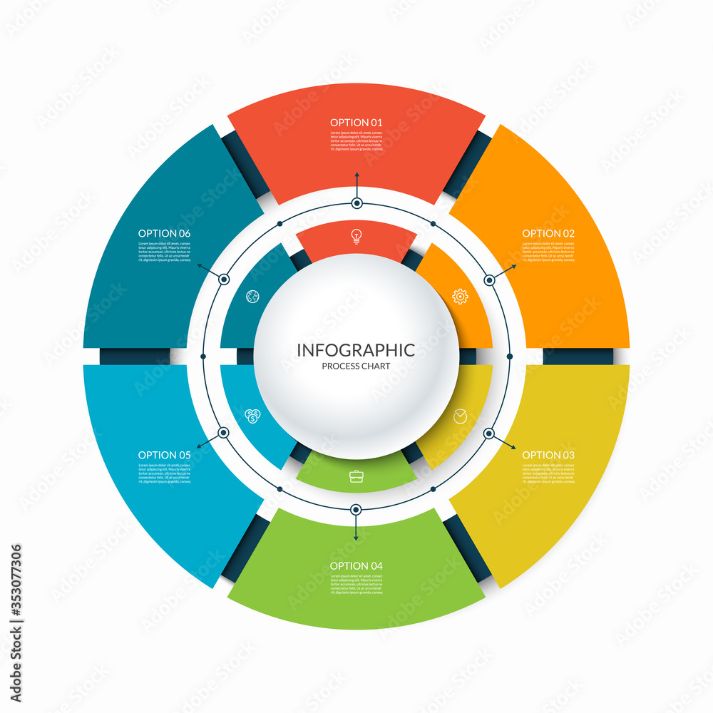 Infographic circular chart divided into 6 parts. Step-by step cycle diagram with six options ...