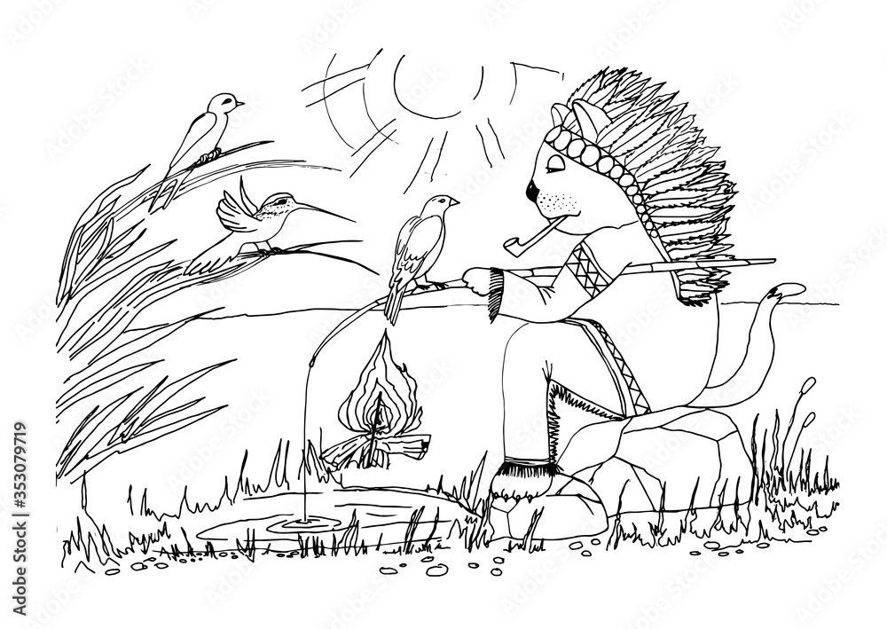 Coloring page. Coloring book. Coloring book with indian cat in ...