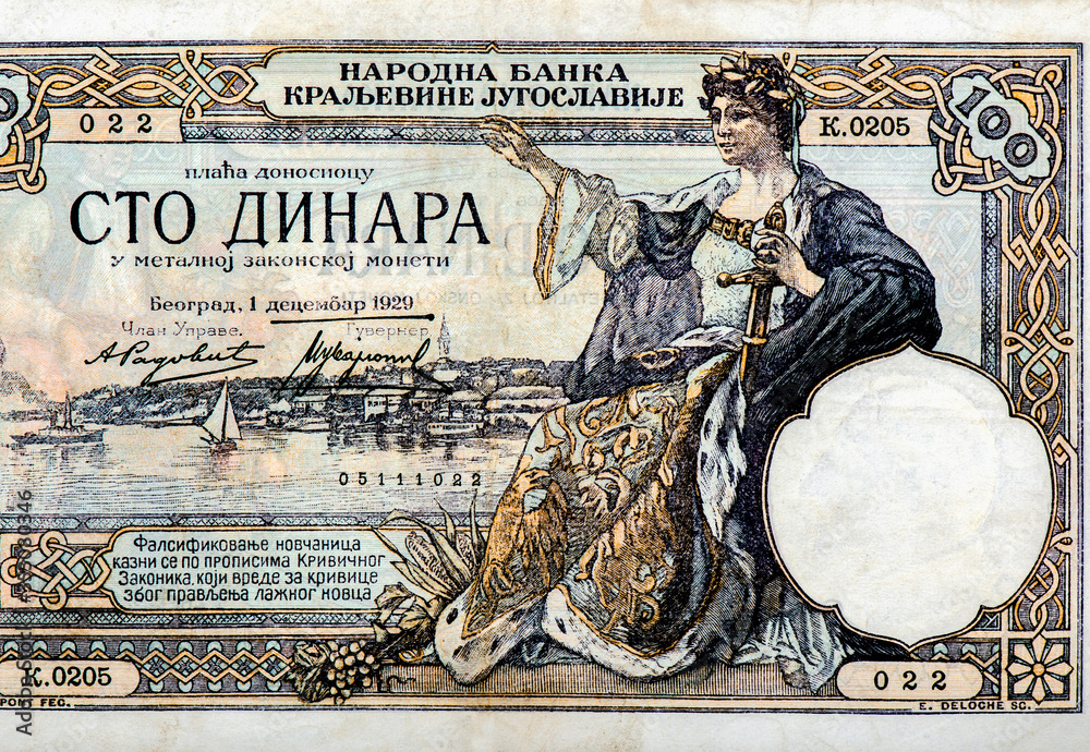 Foto Boats in water at center, seated woman with sword at right ...
