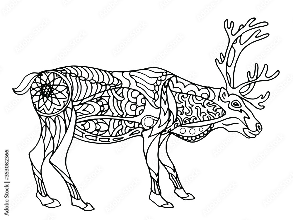 Coloring book with reindeer. Drawing of an animal. Hand-drawn coloring ...