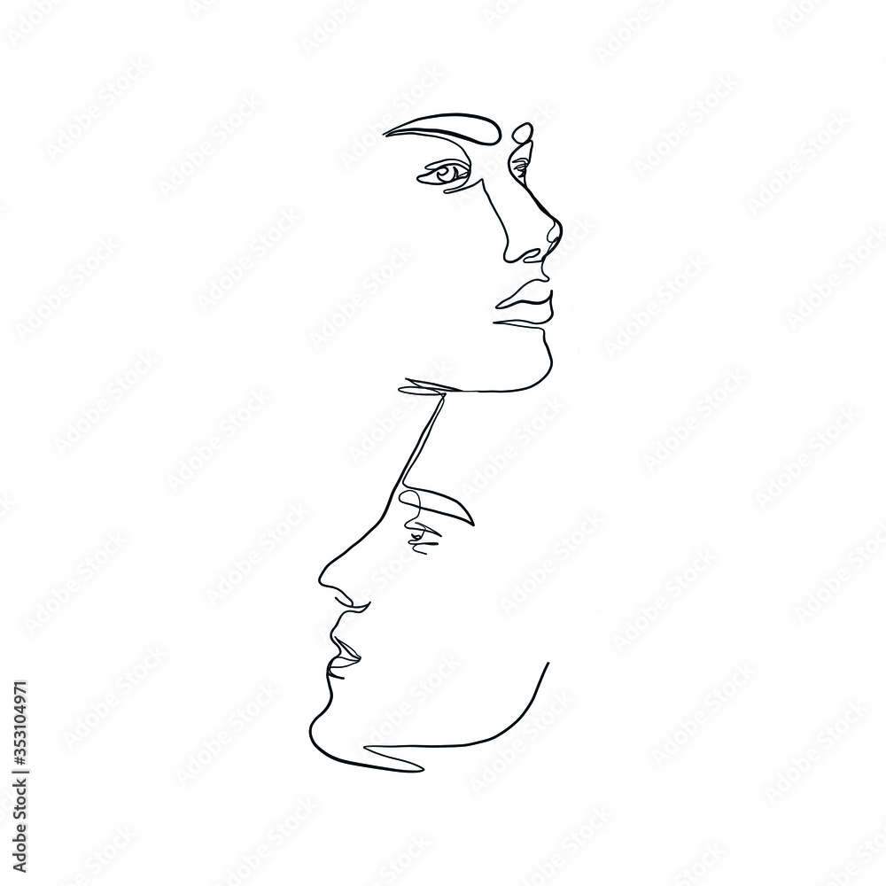 Linear lovers. Man and woman faces in minimal style. One continuous ...