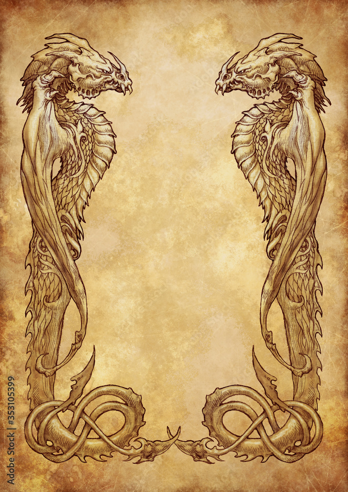 Old paper scroll with ornamental dragons Stock Illustration | Adobe Stock