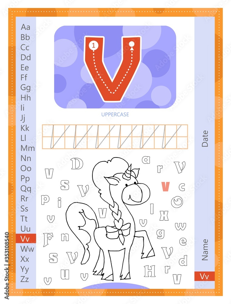 Vector de Stock Letter V and funny cartoon hand drawn unicorn. Alphabet ...