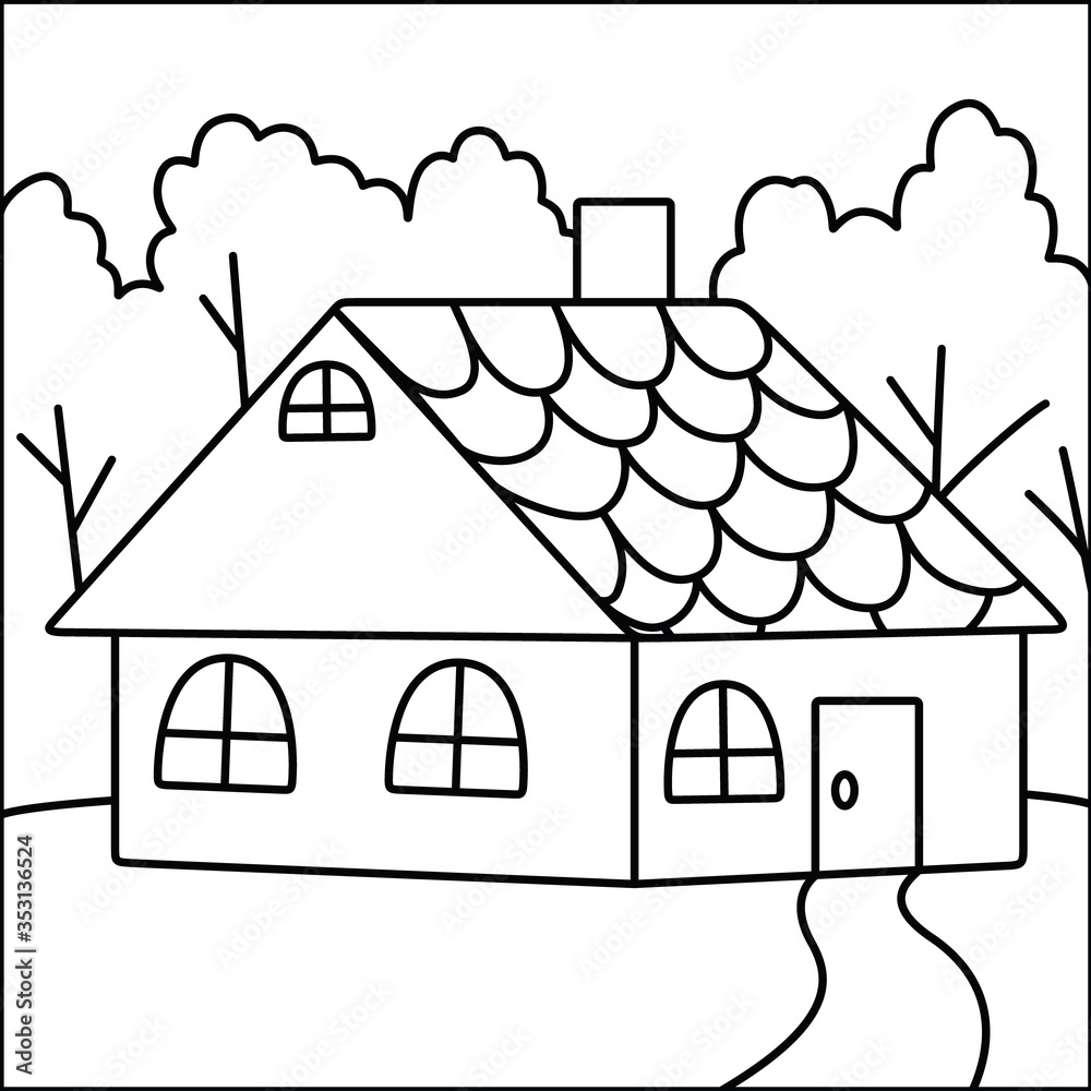 Simple house cartoon illustration no color for kid colorbook Stock ...