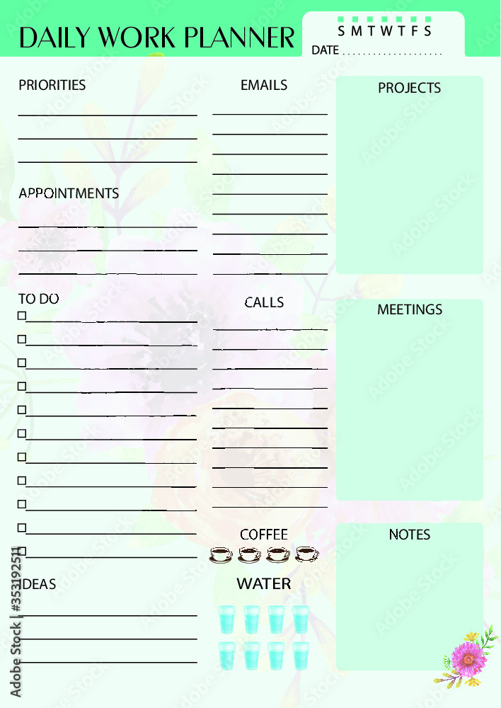 High resolution, professional, printable, daily work planner vector ...