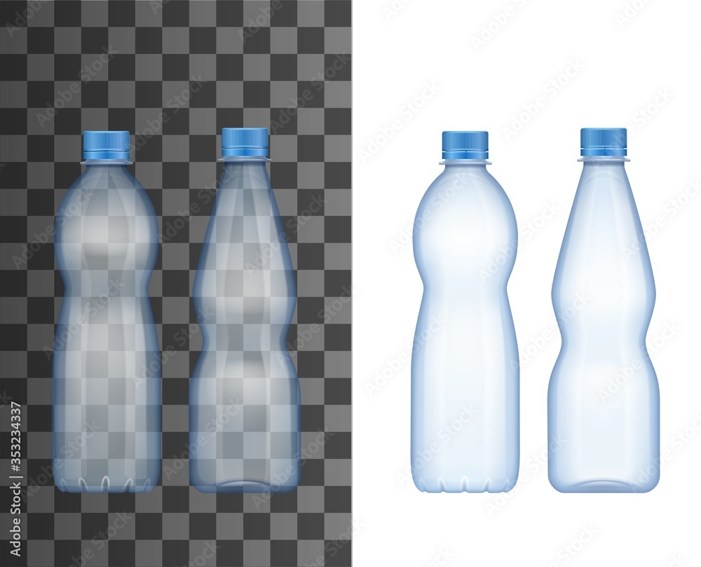 Plastic bottle realistic mockup of water and drink package vector design. Empty transparent ...