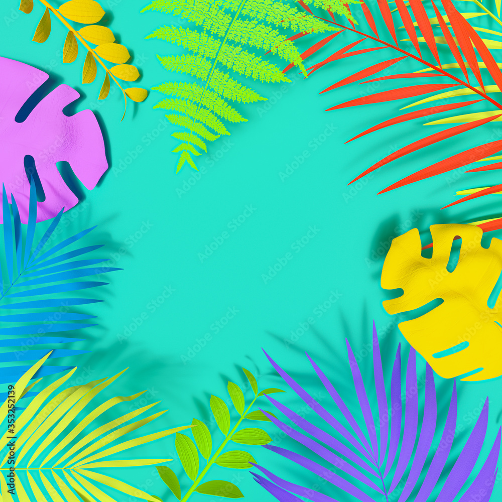 Exotic plants in bold rainbow colors. Tropical layout mockup ...