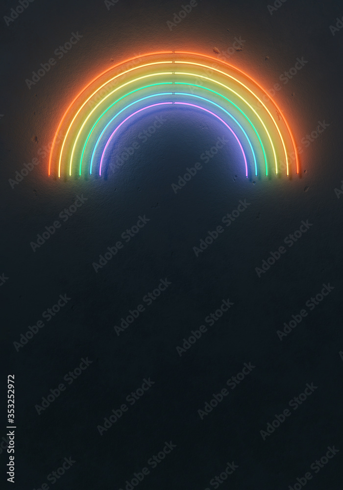 Creative fluorescent color rainbow layout made of neon tubes. Flat lay ...