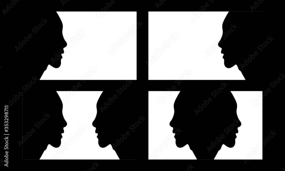 Set of a side view of human avatar face silhouette on black and white ...