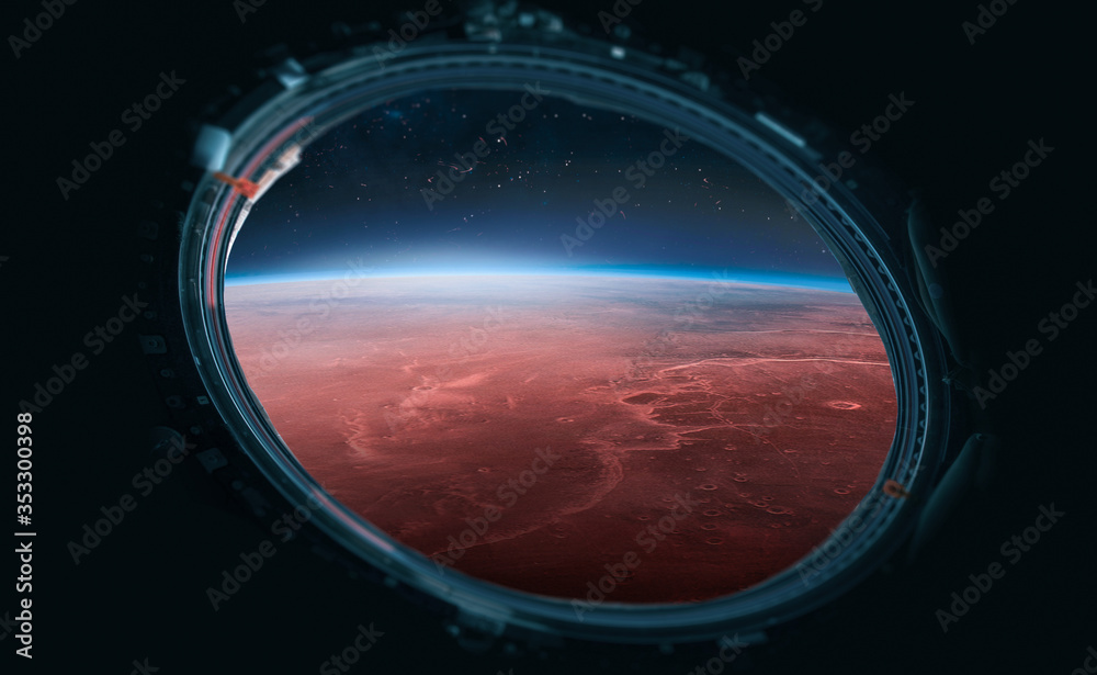 Orbit of planet Mars. View from porthole of spaceship. Expedition and ...