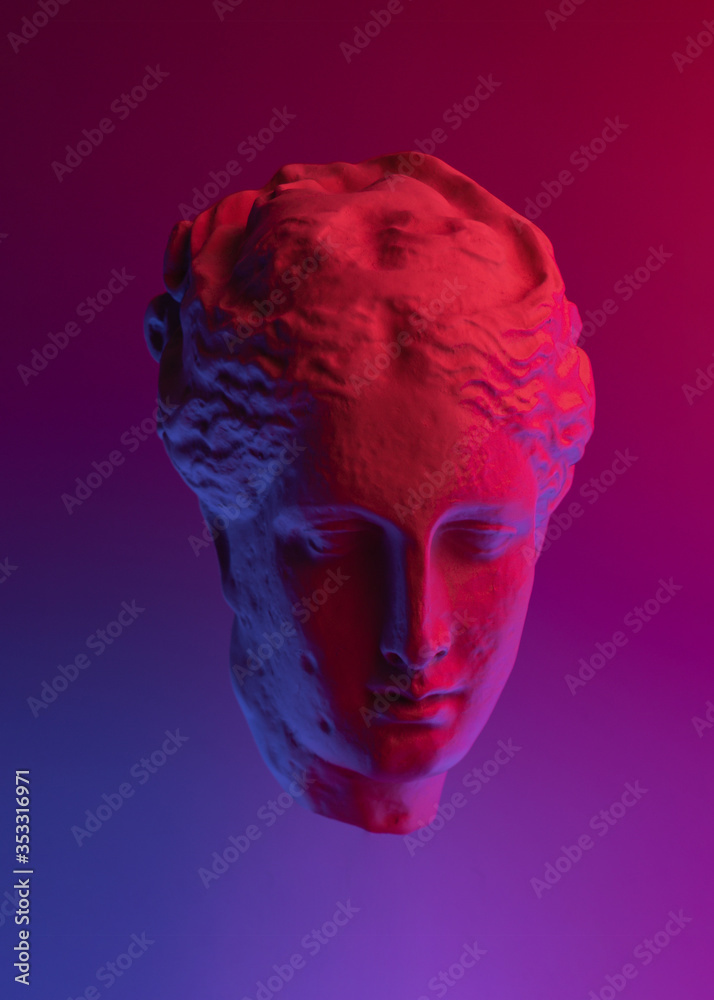 Ancient Greek Hegea health goddess head sculpture. Psychedelic dark ...