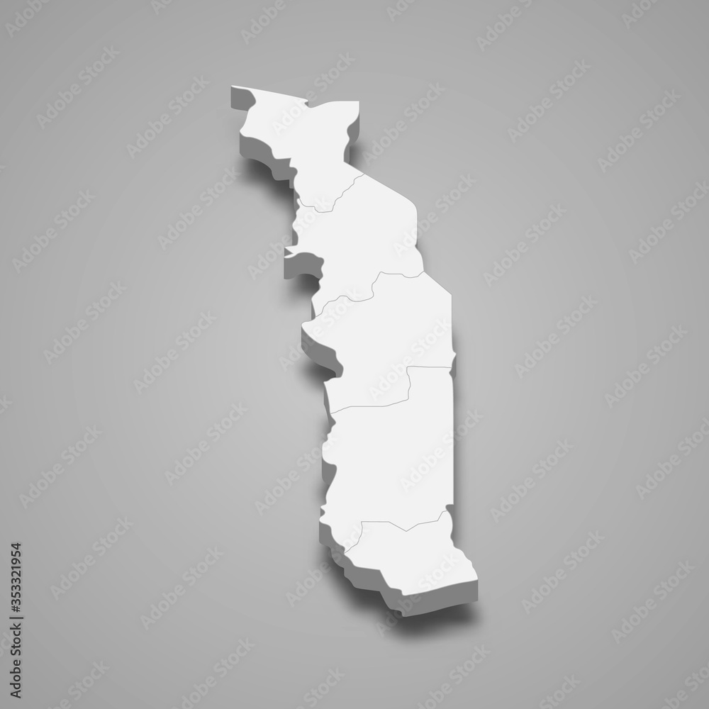 Togo 3d map with borders of regions Template for your design Stock ...