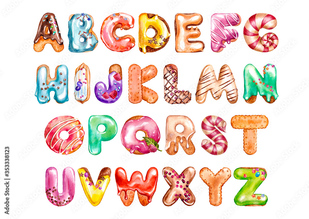 Set of sweet donut glazed letters, watercolor. ABC children's alphabet ...
