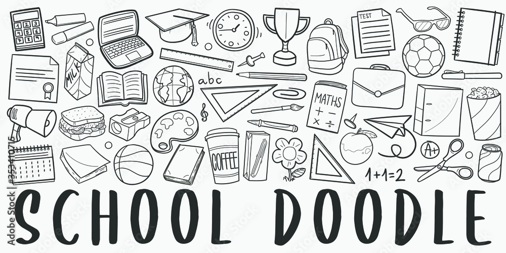School Doodle Line Art Illustration. Hand Drawn Vector Clip Art. Banner ...