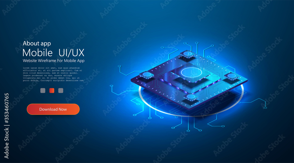 Futuristic microchip processor with lights on the blue background. Quantum computer, large data ...