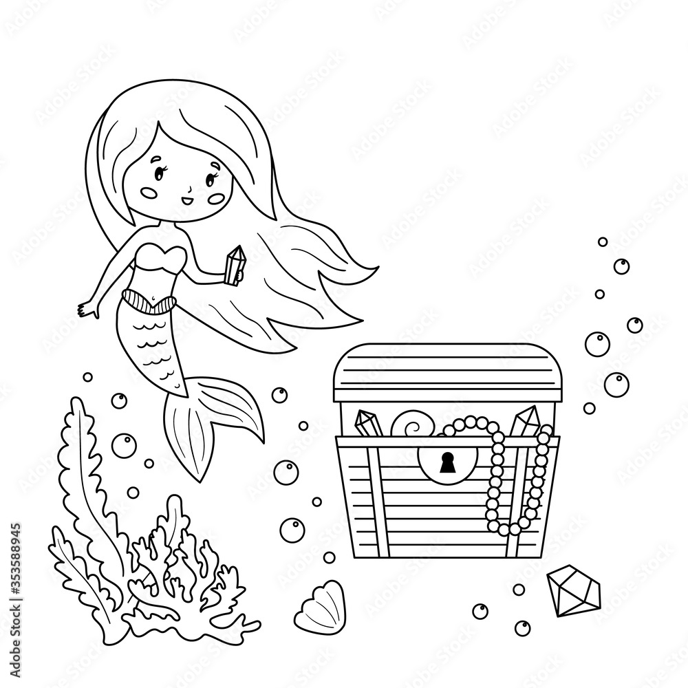 Coloring page for children. Cute cartoon mermaid with underwater ...