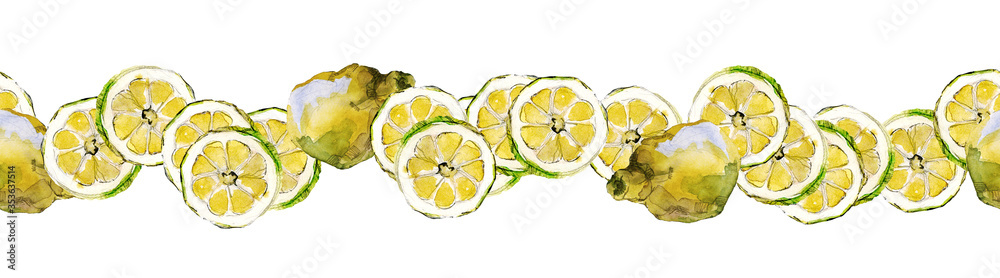 Seamless border of lemon slices and halves randomly arranged, isolated ...