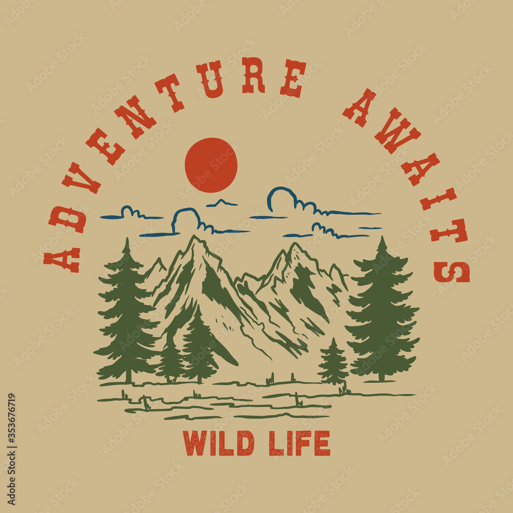 Adventure awaits. Vintage design with mountains, camping tent, campfire ...