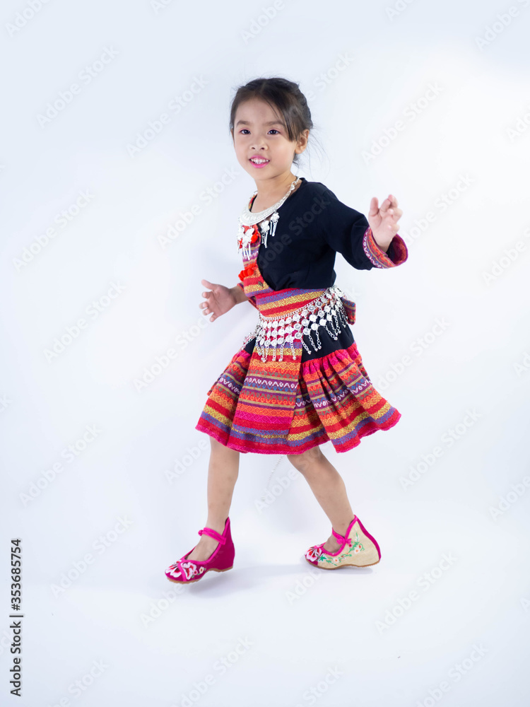 Hmong children little girls wearing traditional dress Dancing on white ...