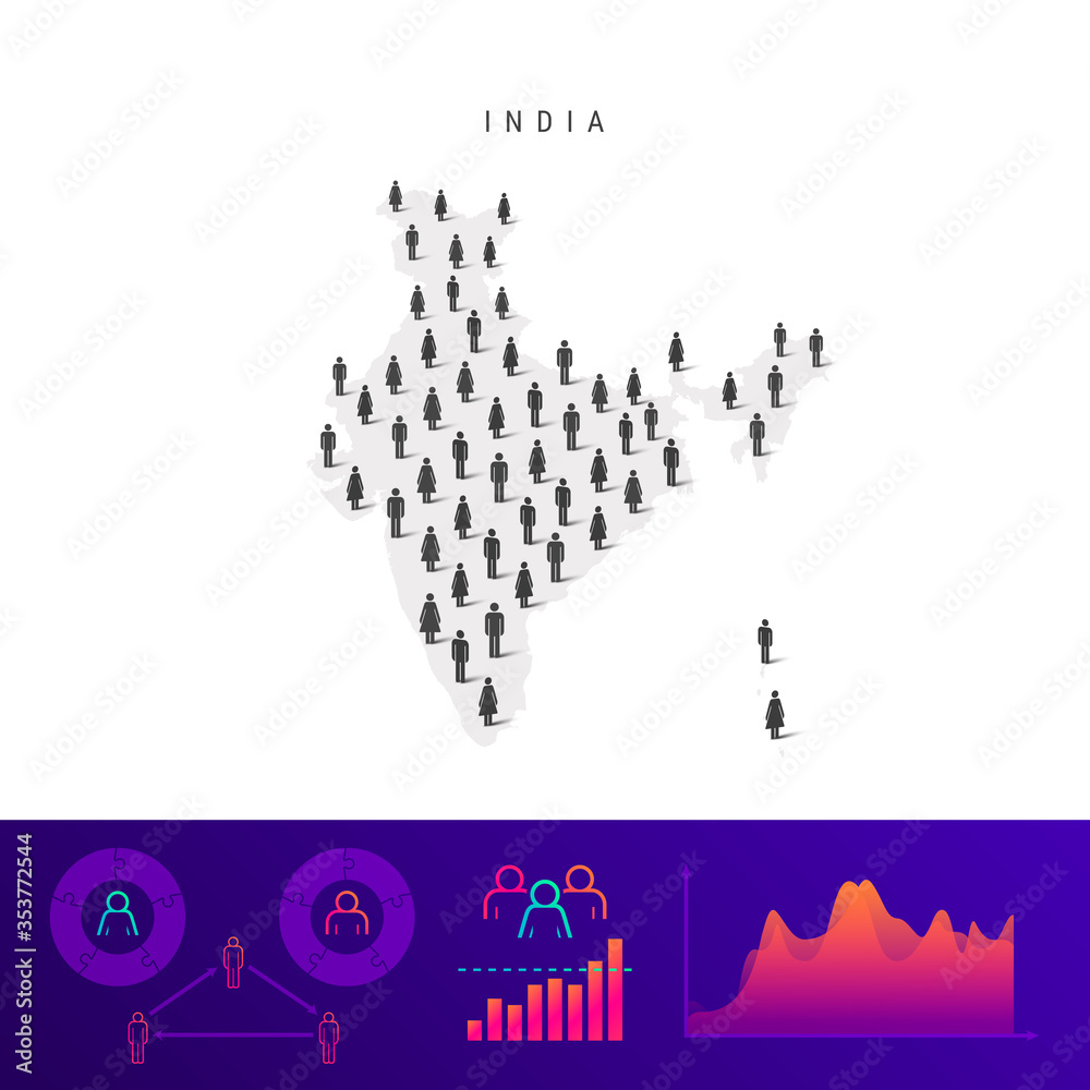 Indian people icon map. Detailed vector silhouette. Mixed crowd of men ...