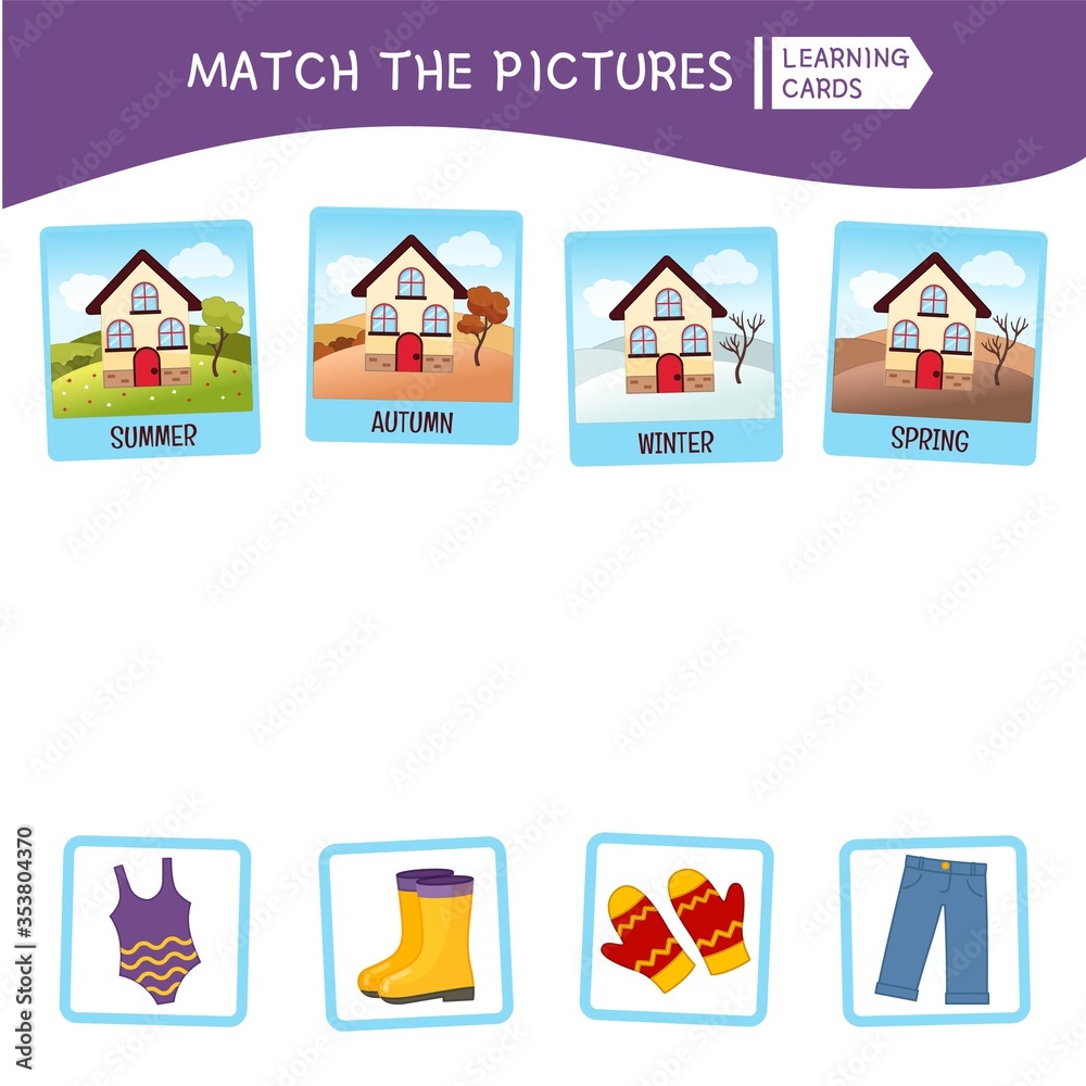 Matching children educational game. Match seasons and objects. Activity ...