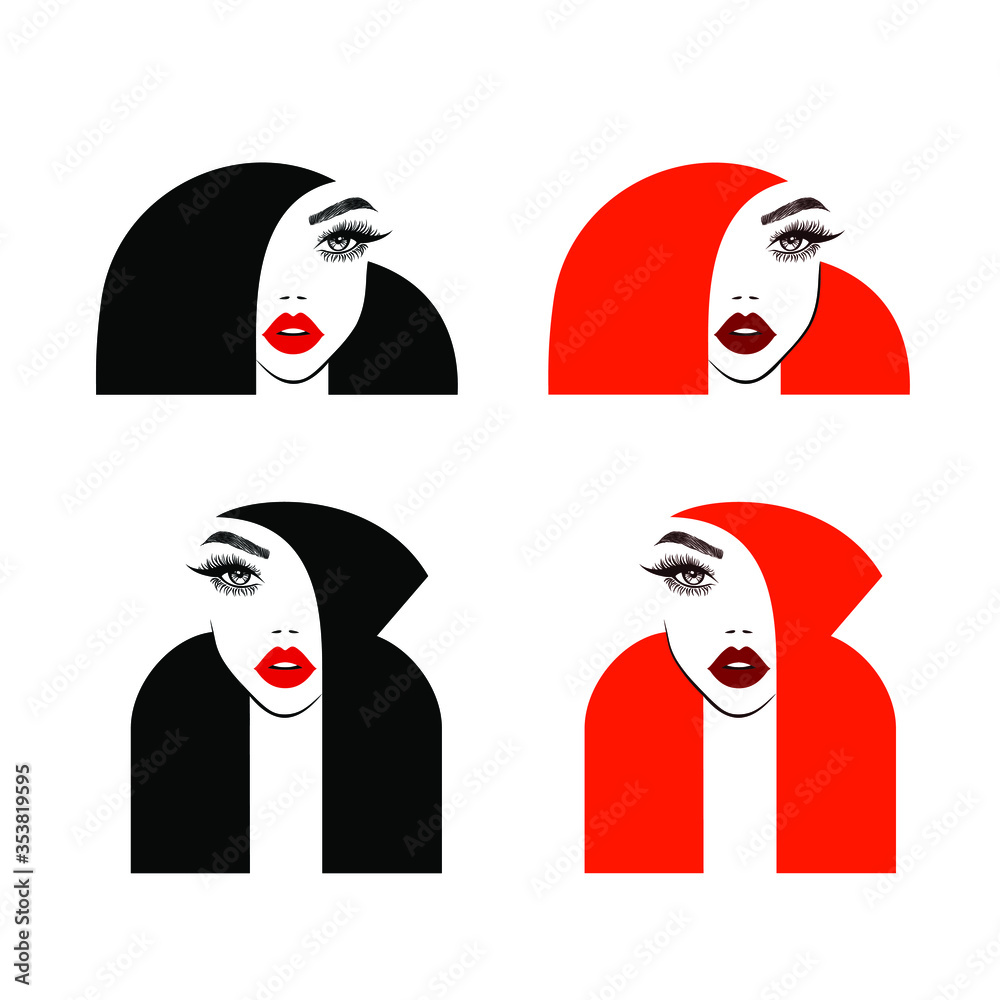 Set Beauty Logo. Beautiful sexy woman face, red lips, eyelashes ...