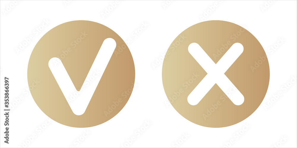 White tick symbol or check mark and cross or x sign in a golden circle ...