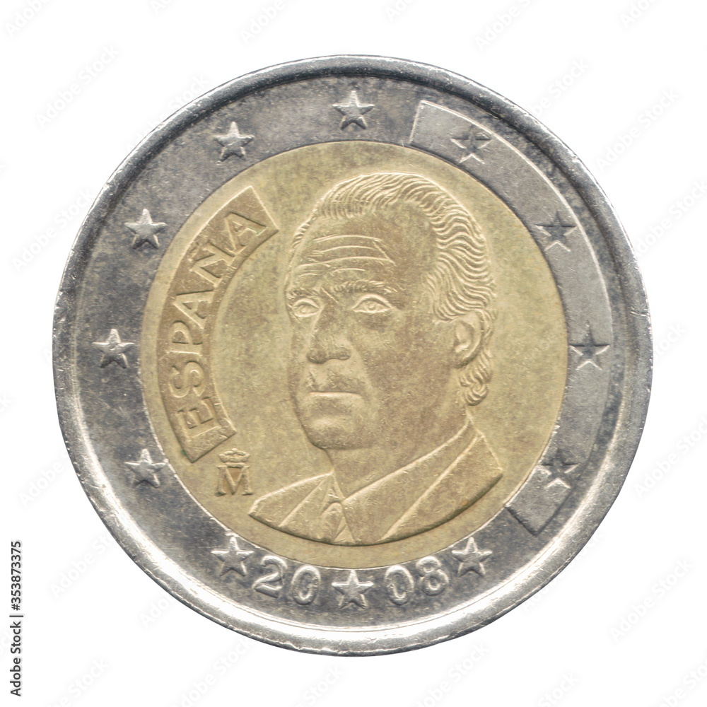 Two Euro coin of the Spain with a portrait of king Juan Carlos 1 ...