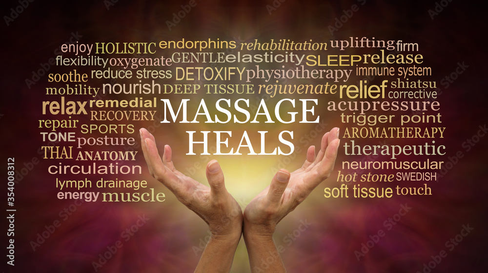 Massage heals word tag cloud - female hands reaching up with the words ...