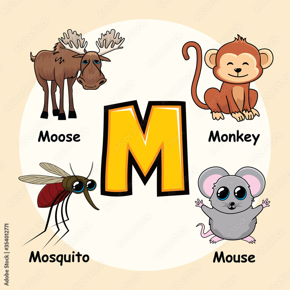 Cute Animals Alphabet Letter M for Monkey Mouse Mosquito Moose Stock ...