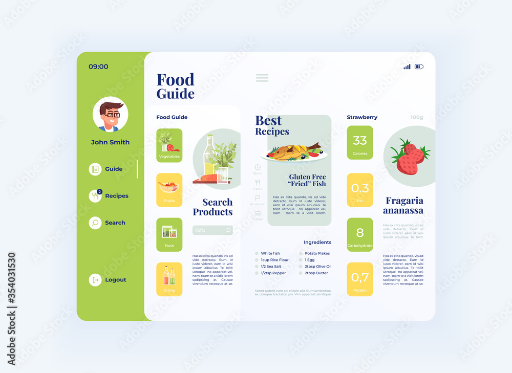 Guide To Food Tablet Interface Vector Template Mobile App Page Day Mode Design Layout Meal