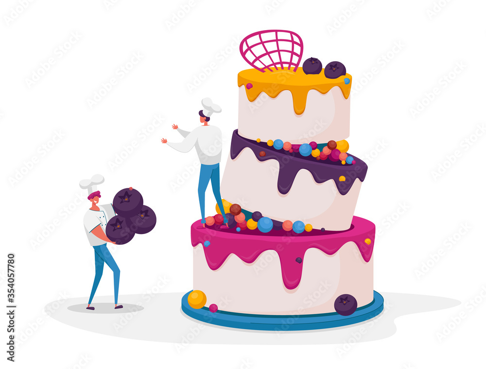 Tiny Characters in Chef Uniform and Cap Decorating Huge Pie with ...